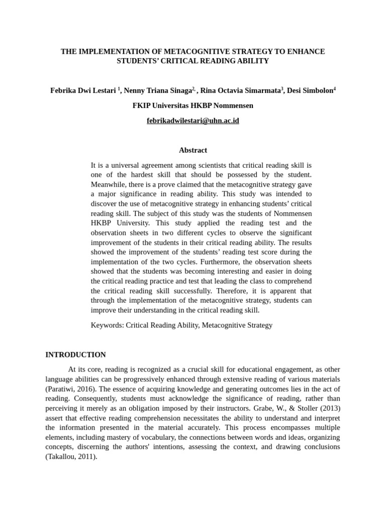 Artikel Internal Febrika | PDF | Reading Comprehension | Metacognition
