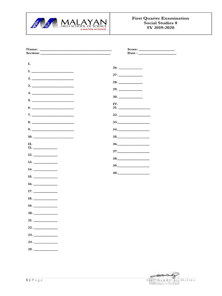 Q1 G7 Answer Sheet | PDF