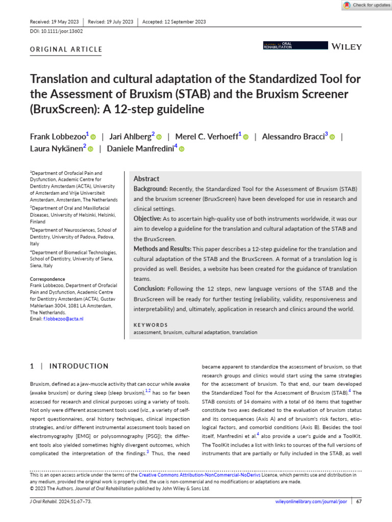 J of Oral Rehabilitation - 2023 - Lobbezoo - Translation and Cultural ...