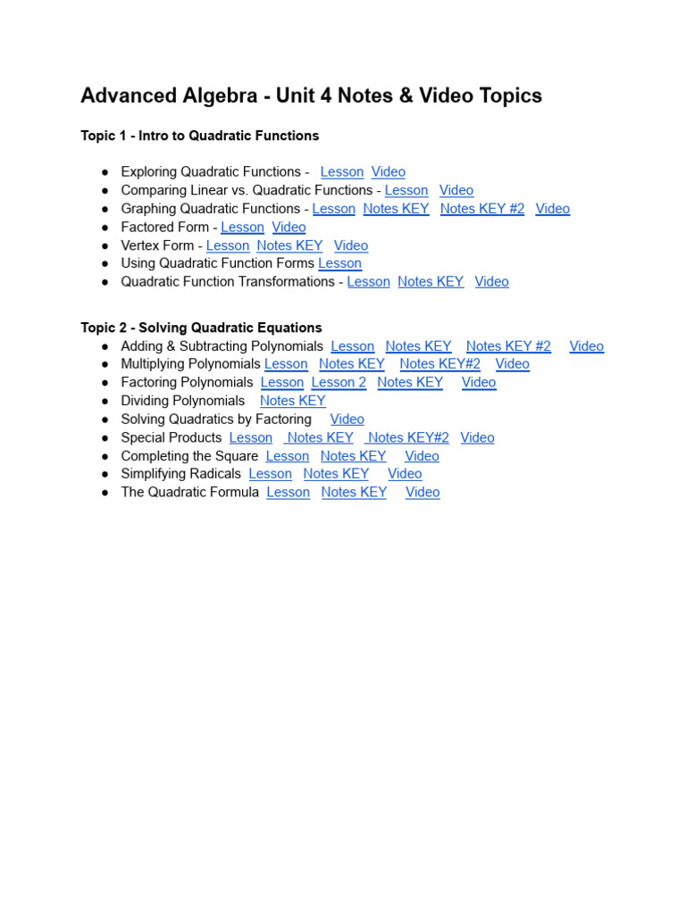 Advanced Algebra - Unit 4 Notes & Video Topics | PDF