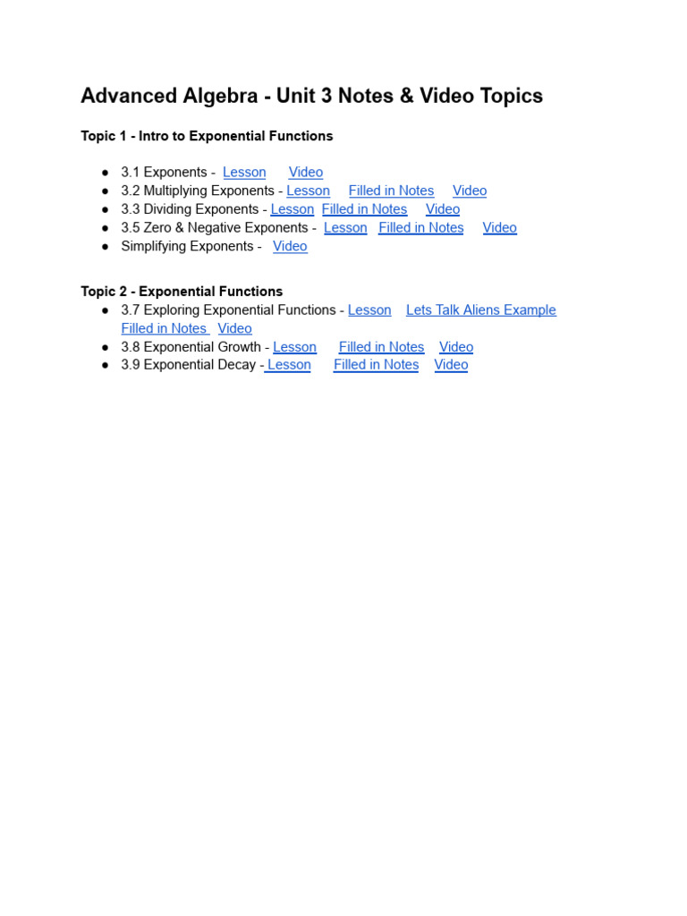 Advanced Algebra - Unit 3 Notes & Video Topics | PDF