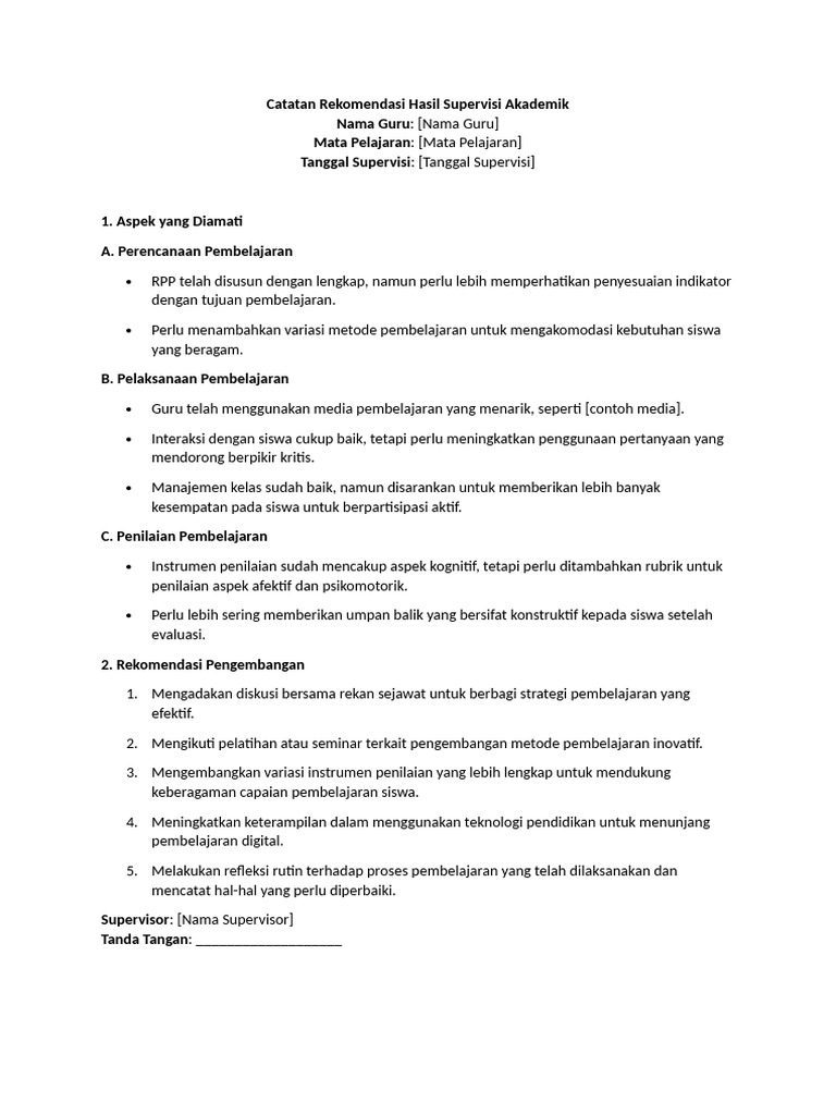 Catatan Rekomendasi Hasil Supervisi Akademik | PDF