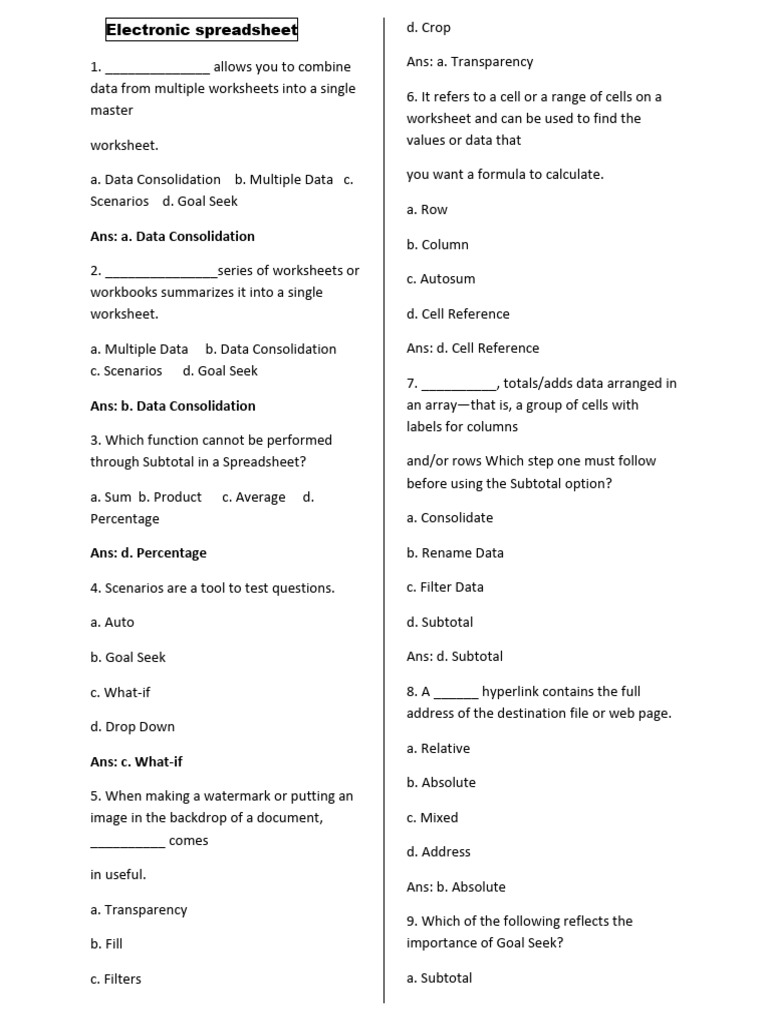 Electronic Spreadsheet Mcqs | PDF | Spreadsheet | Worksheet