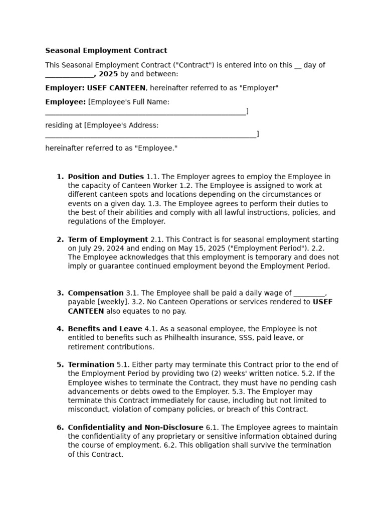 Seasonal Employment Contract | PDF | Employment | Economies