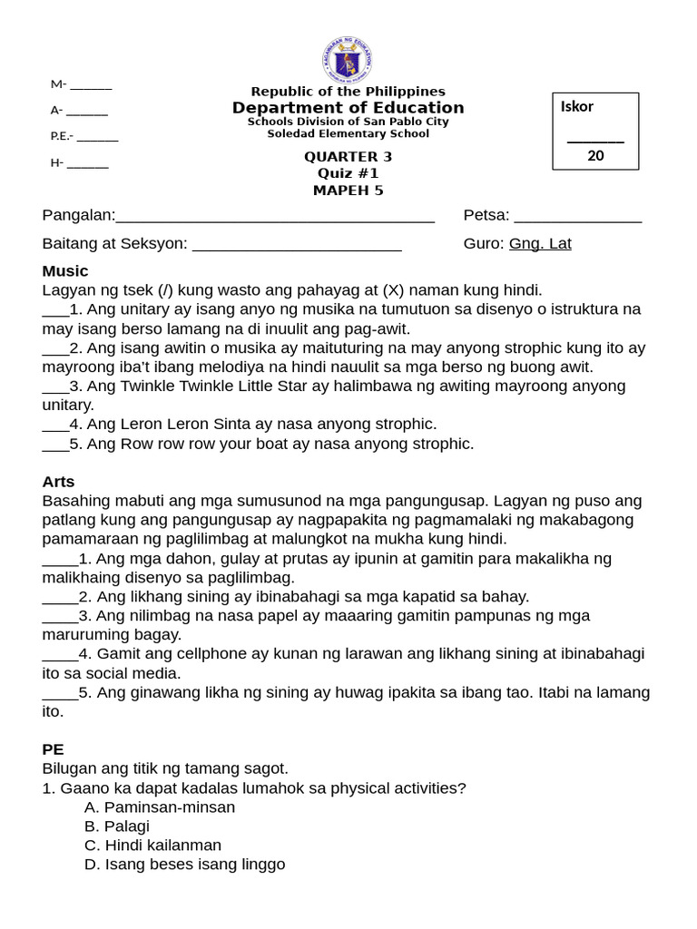 Quiz in MAPEH 5 | PDF