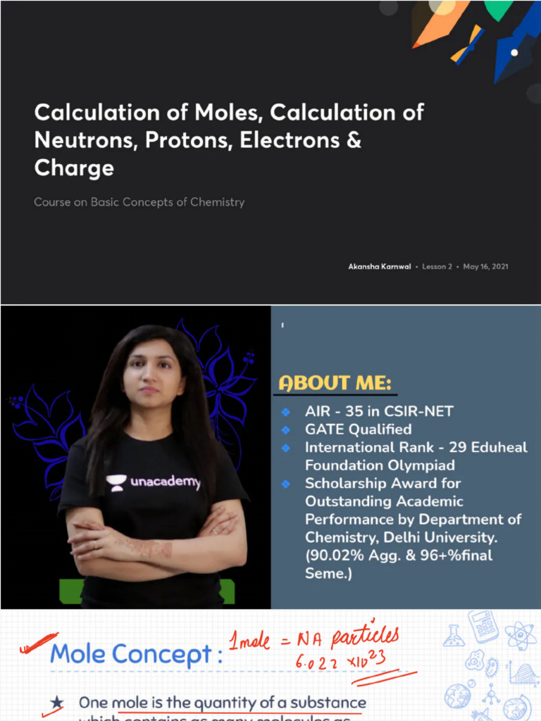 Calculation of Moles Calculation of Neutrons Protons Electrons Charge ...