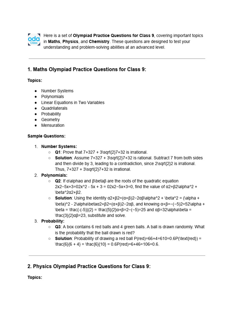 Olympiad Practice Questionsfor Class 9, Physics, Chemistry, and Biology | PDF | Force | Weight