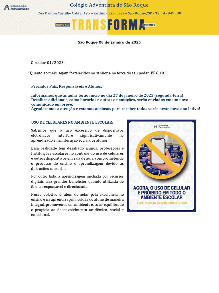 Comunicado 01 2025 1 | PDF | Aprendizado | Celulares