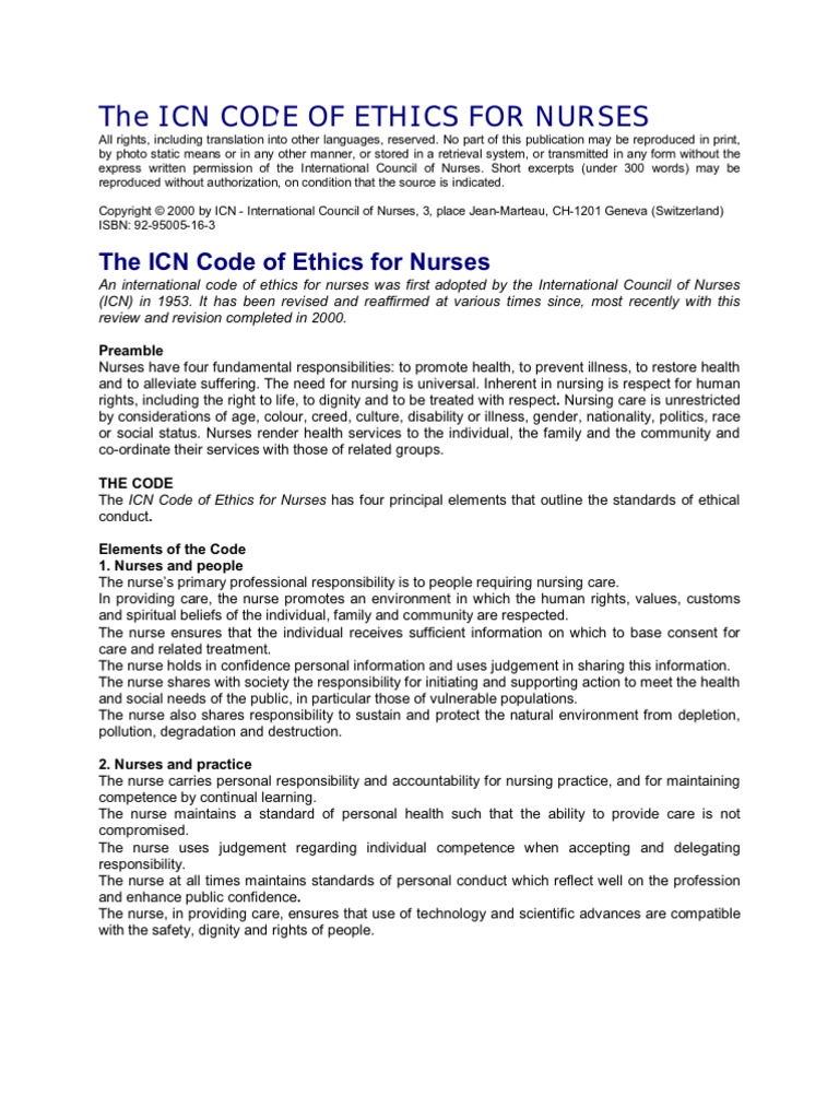 The Icn Code of Ethics | Nursing | Medical Ethics