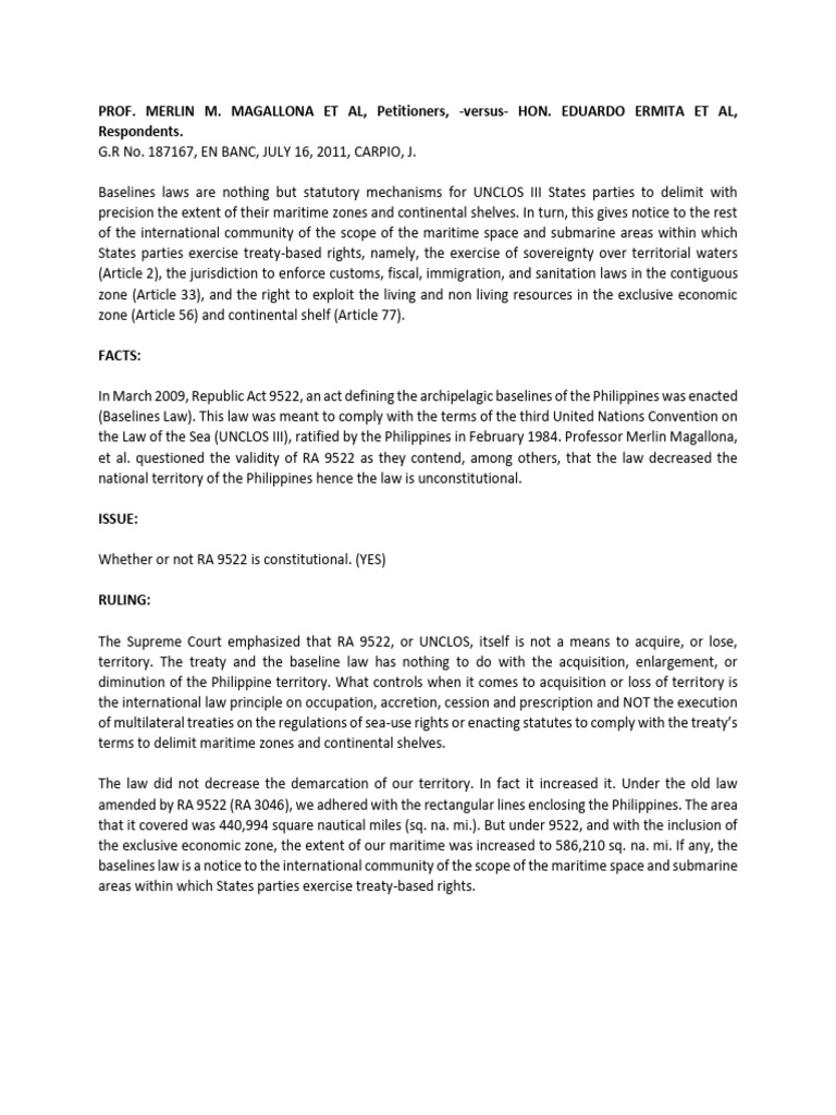 Magallona V Ermita Digest | PDF | Territorial Waters | United Nations ...