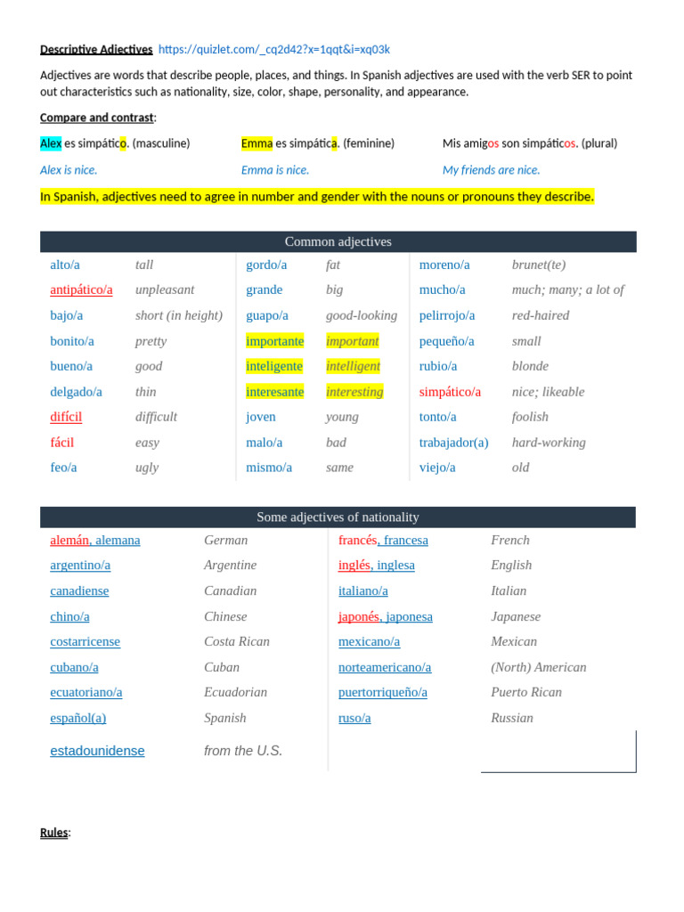 Spanish Adjectives Guide | PDF | Grammatical Gender | Adjective