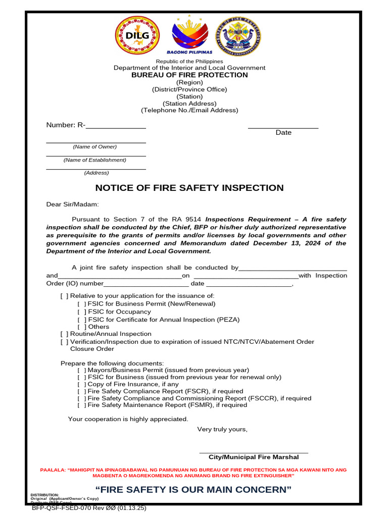 Fire Safety Inspection Notice Template | PDF | Fire Safety | Safety