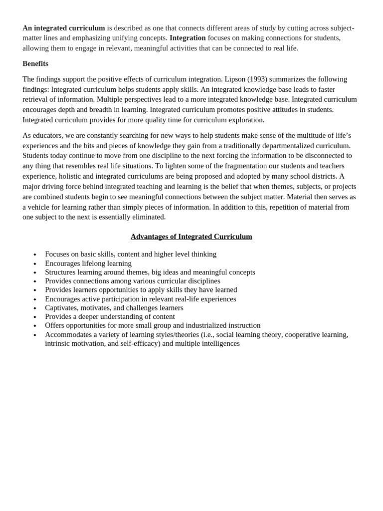 Integrated Curriculum | PDF | Learning | Curriculum
