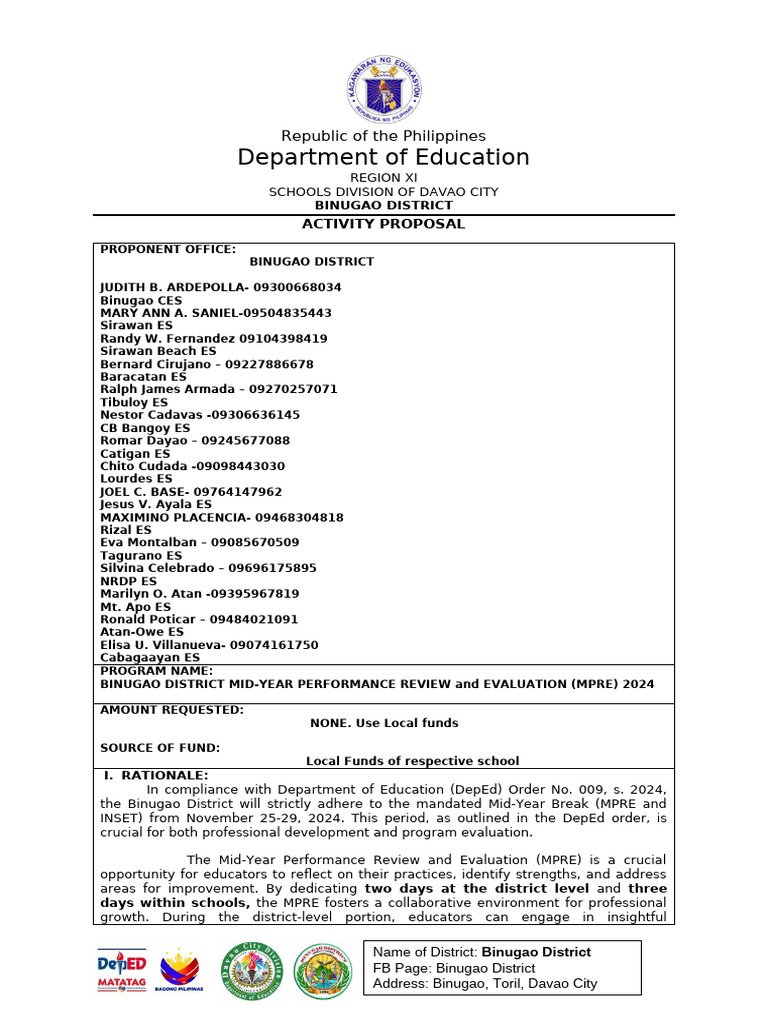 MPRE-NOV.-2024-binugao-district-ACTIVITY-PROPOSAL | PDF | Evaluation | Teachers