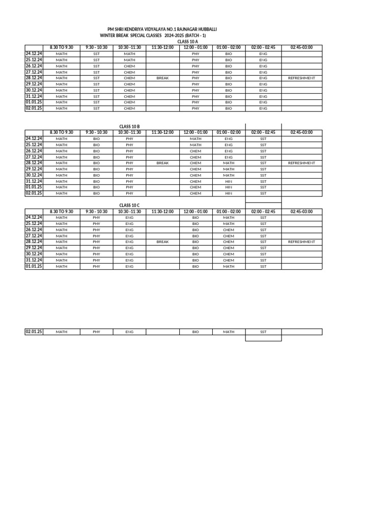 Winter Break Time Table for Batch - 1 | PDF