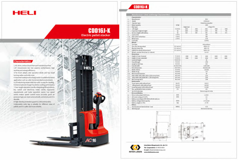 HELI Interlaken Maquinaria Apilador Patas Anchas Electrico 1.6 TonCDD16J K | PDF