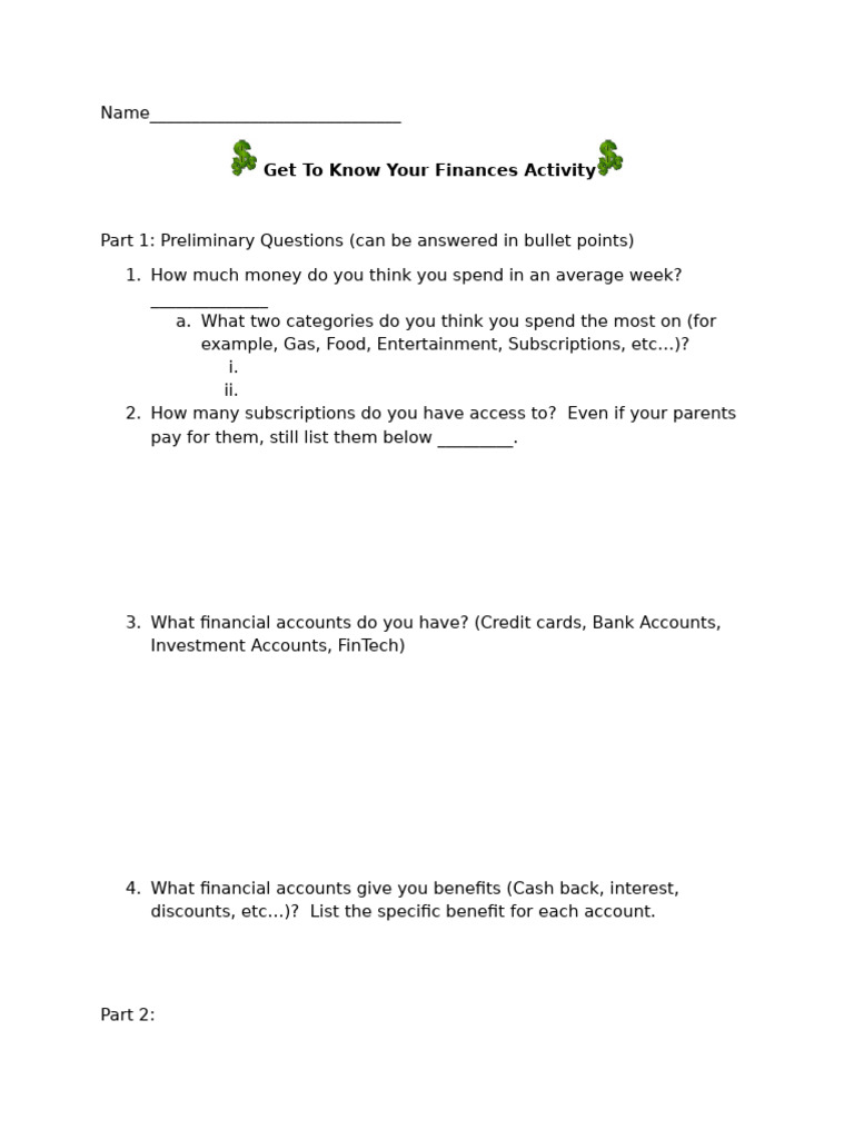 Personal Finance Get To Know Your Finances Introductory Activity | PDF