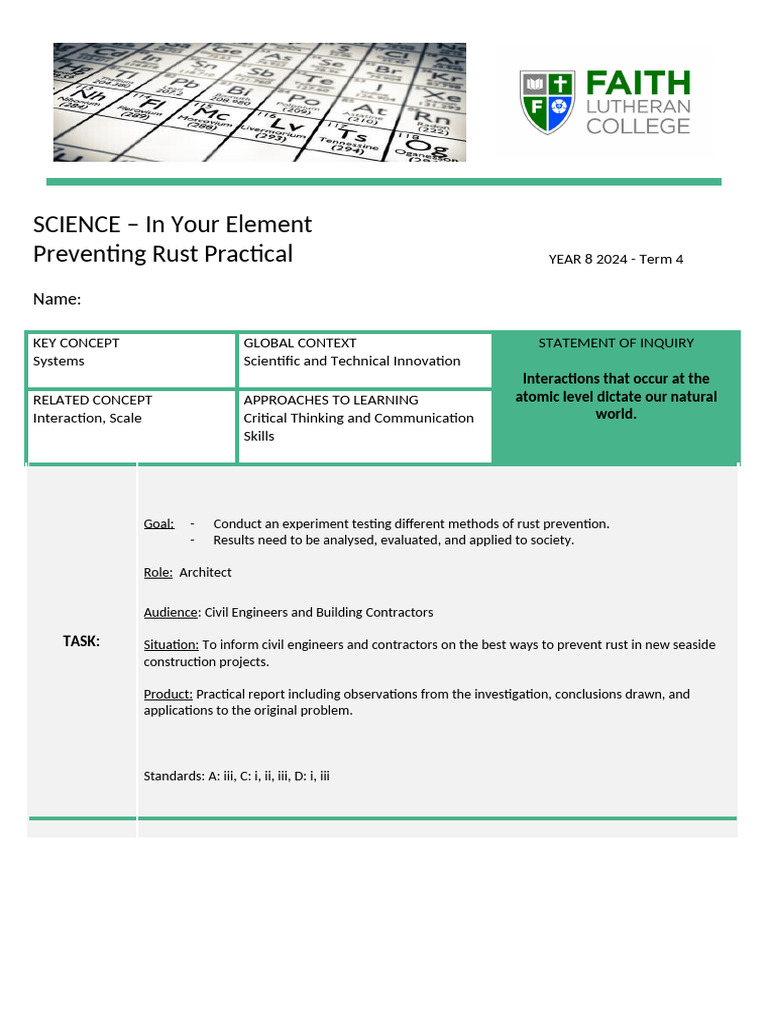 2024 Summative Practical Preventing Rust Assessment Task - Notes | PDF ...
