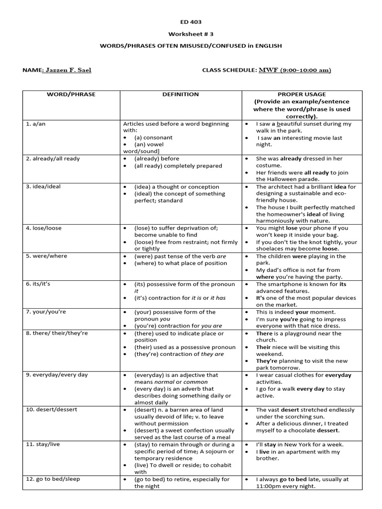 ED 403 Worksheet 3 | PDF | Semantic Units | Language Mechanics