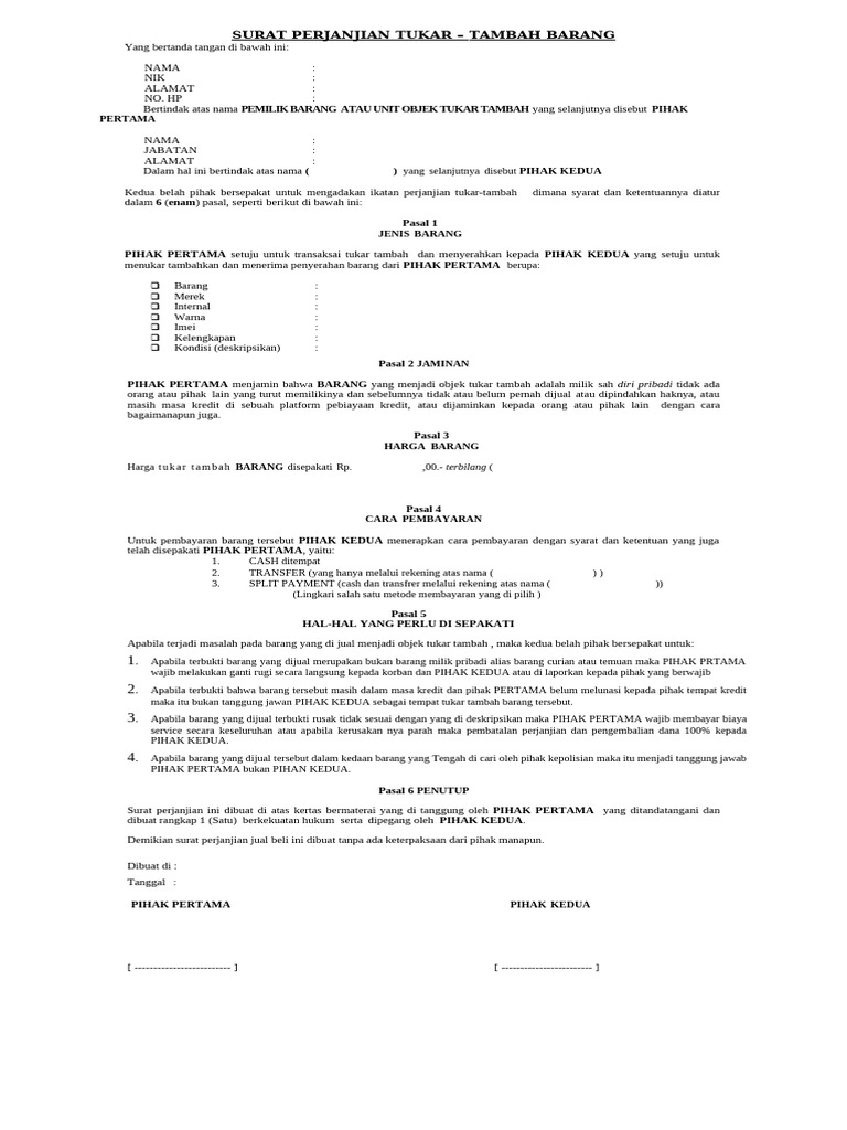 SURAT PERJANJIAN TUKAR TAMBAH - Copy | PDF