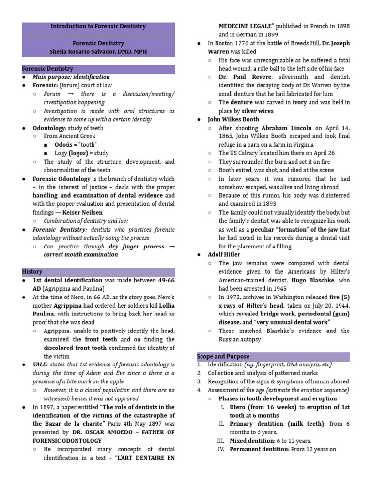 LEC 1. Introduction To Forensic Dentistry | PDF | Dentistry | Tooth
