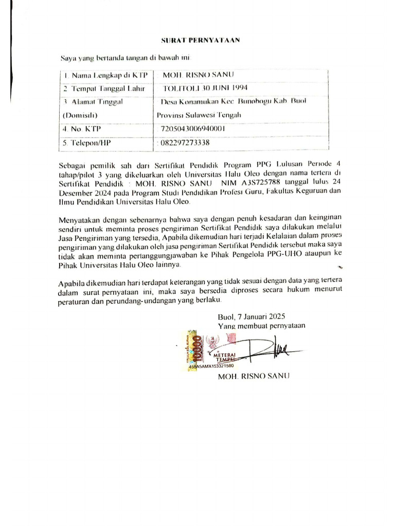 Surat Pernyataan Moh Risno | PDF