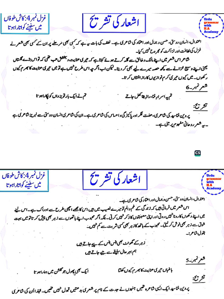 Class 9 Chapter 4 Ghazal Tashreeh | PDF
