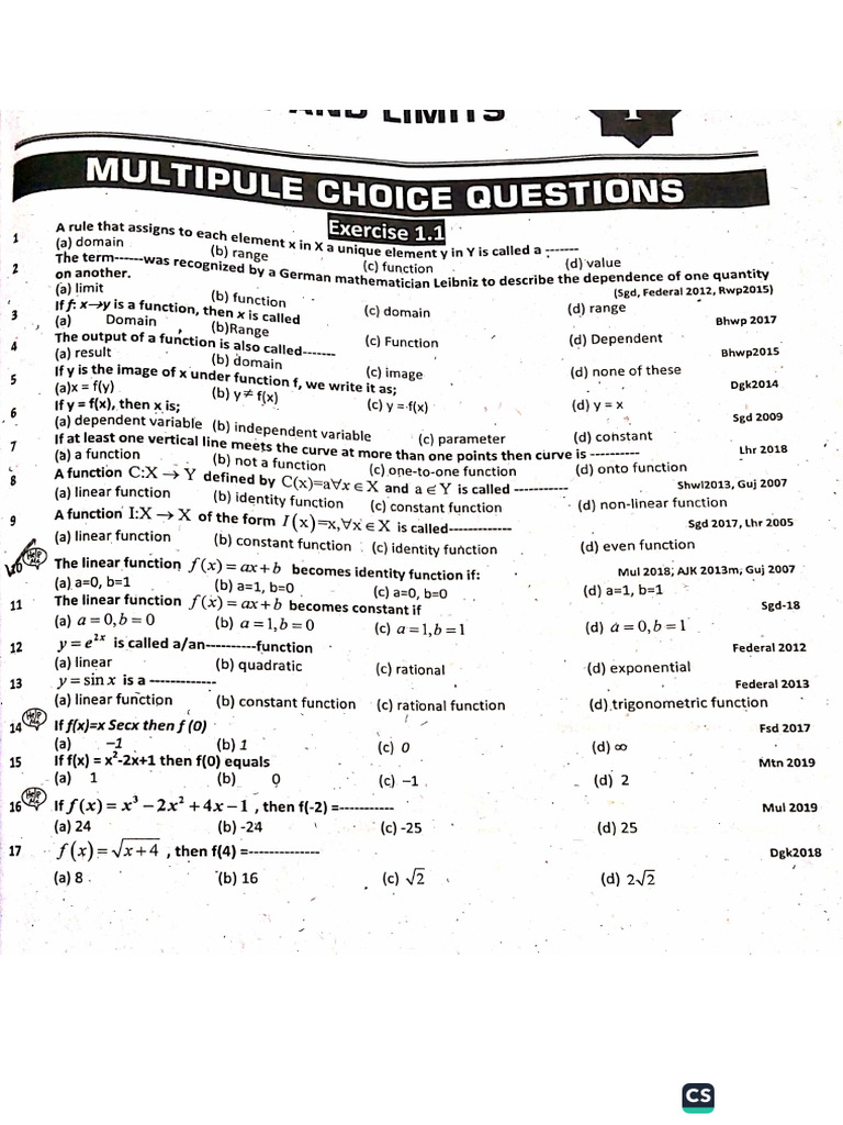 function and limits McQs | PDF