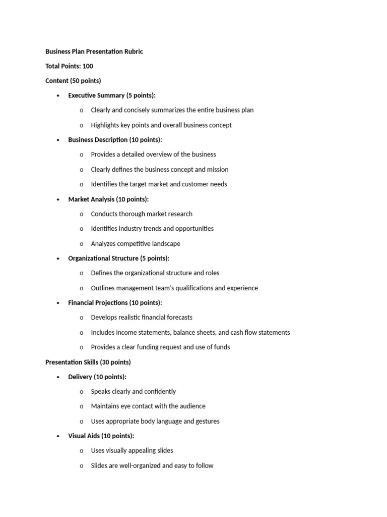 Business Plan Presentation Evaluation Rubric | PDF | Business | Human ...