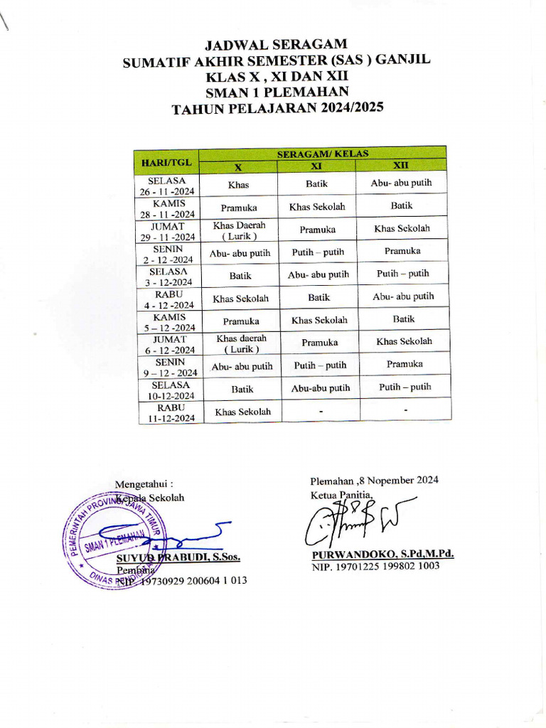 SERAGAM SAS GANJIL T.P 2024-2025 | PDF