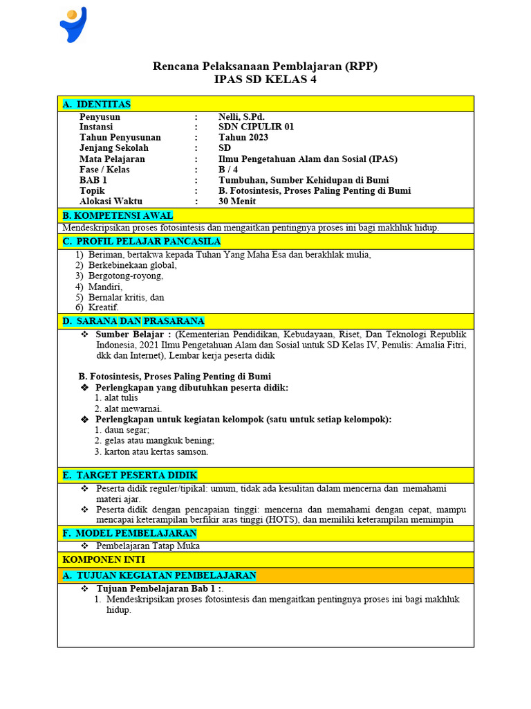 RPP Ipas Fotosintesis Kelas 4 | PDF