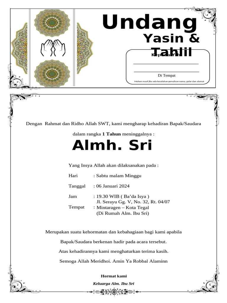 Undangan Yasin Dan Tahlil | PDF