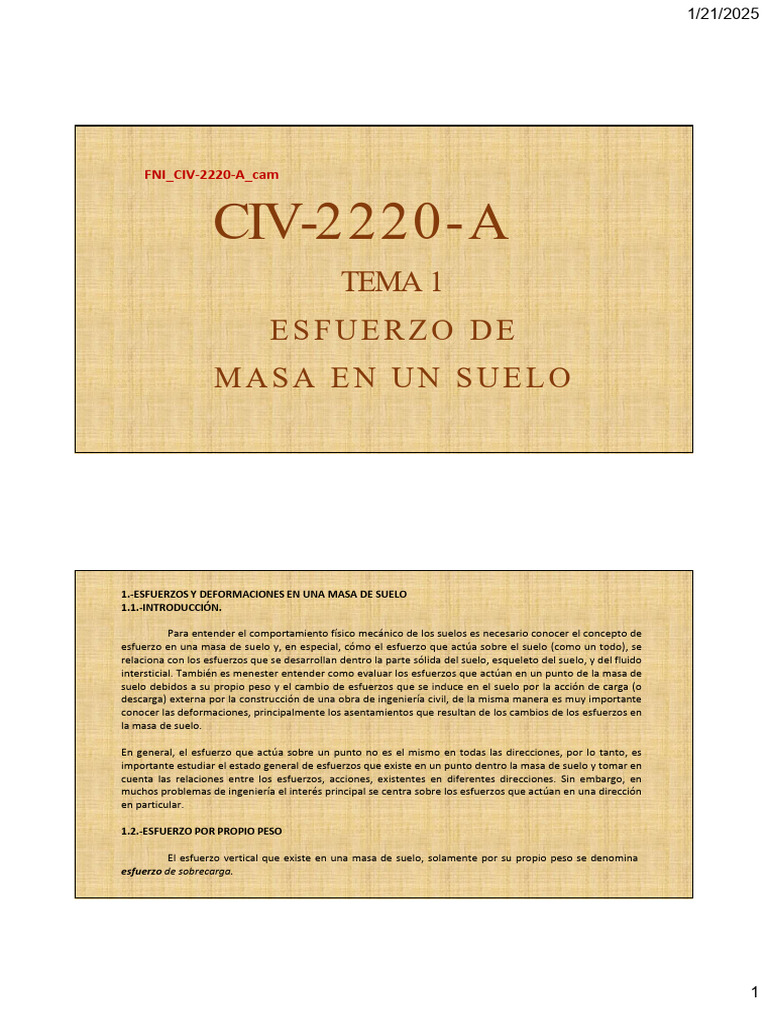 Tema 1 Esfuerzos de Masa en Un Suelo | PDF | Presión | Masa