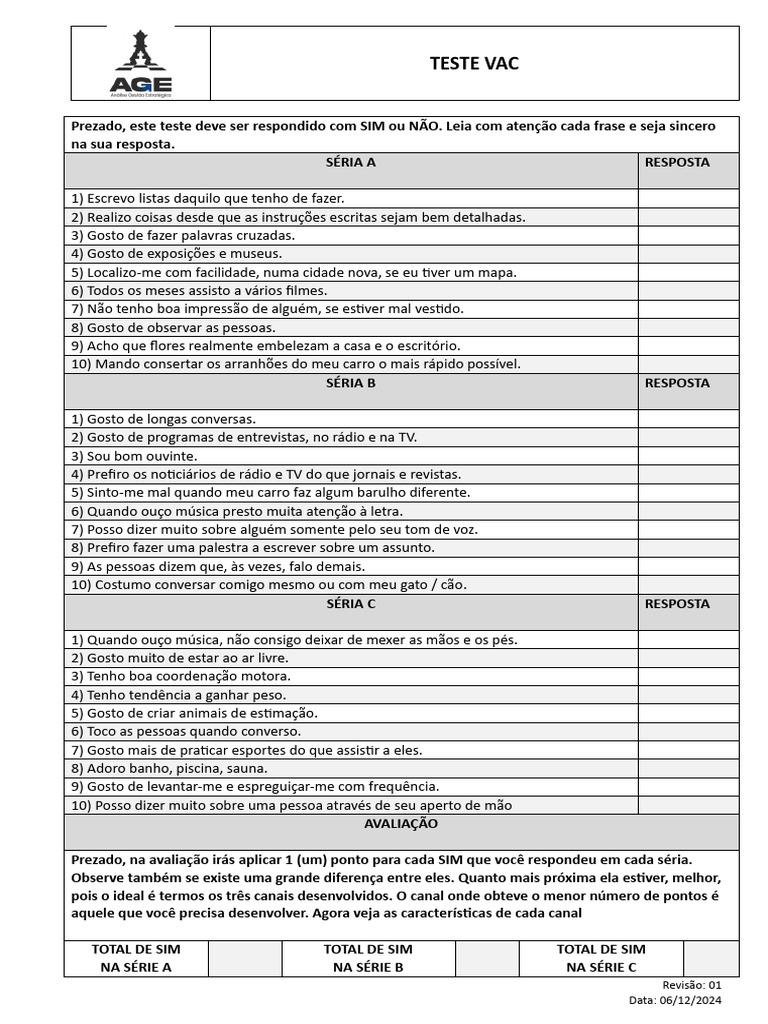AGE - Teste VAC (Visual, Auditivo e Cinestésico) v1 06122024 | PDF | Beleza