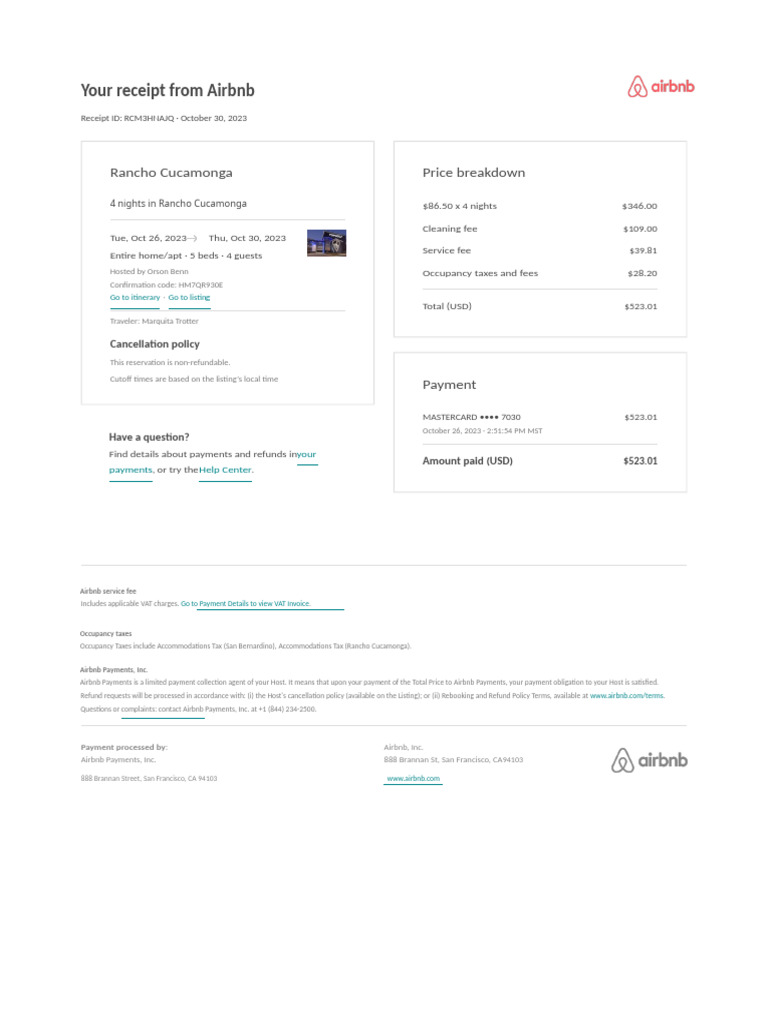 Airbnb Travel Receipt RCM2BNSESJ | PDF | Receipt | Airbnb