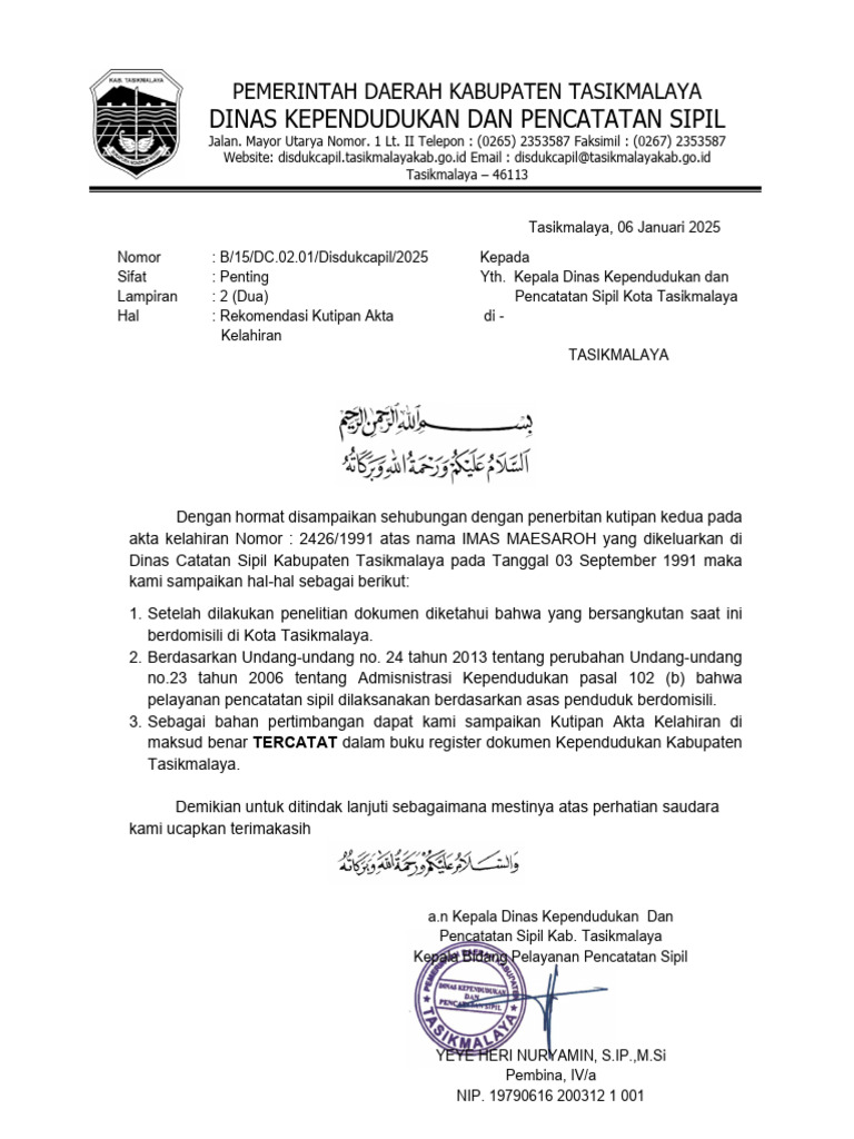 Rekomendasi Akta Kelahiran Tasikmalaya | PDF