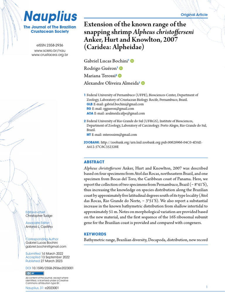 Bochini Et Al 2023 - Alpheus Christofferseni | PDF | Polymerase Chain Reaction | 16 S Ribosomal Rna