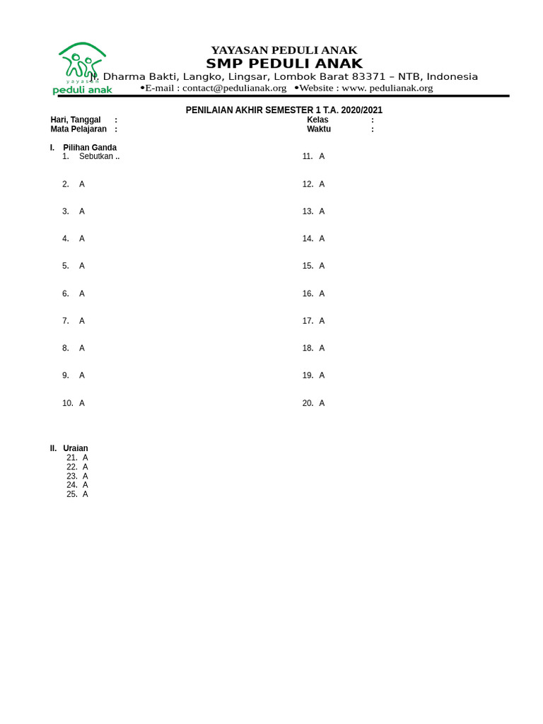 Format Lembar Soal PAS 1 SMP PA (Jangan Ganti Ukuran Kertas, Jenis Dan Ukuran Font, Spasi, Dan ...
