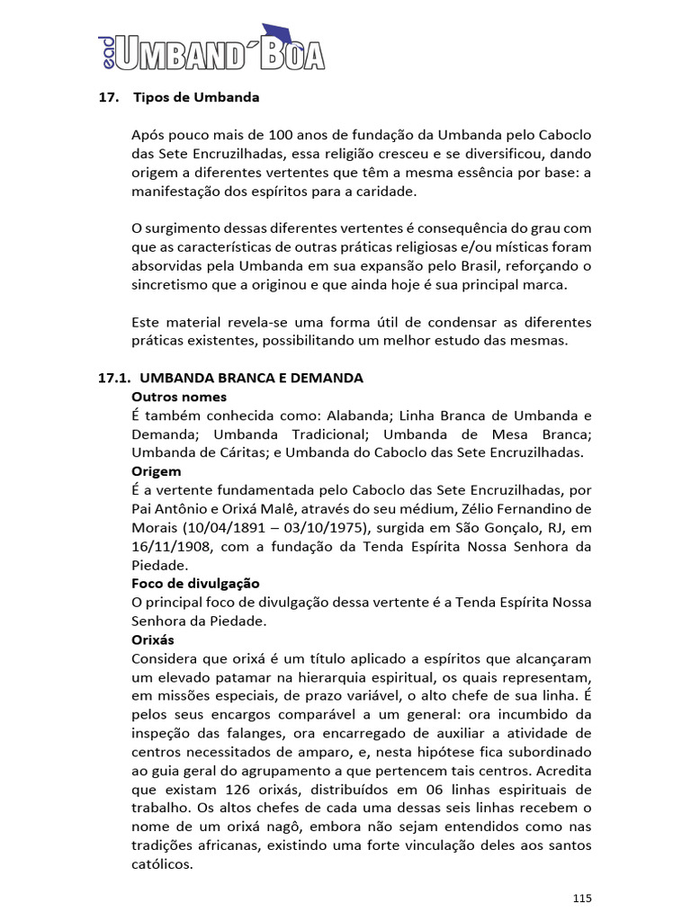 Apostila 17 - Tipos de Umbanda | PDF