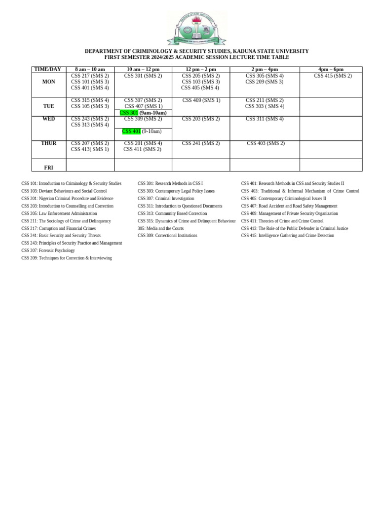 CSS Unit, First Semester Time Table 24_25 | PDF | Criminology | Crimes