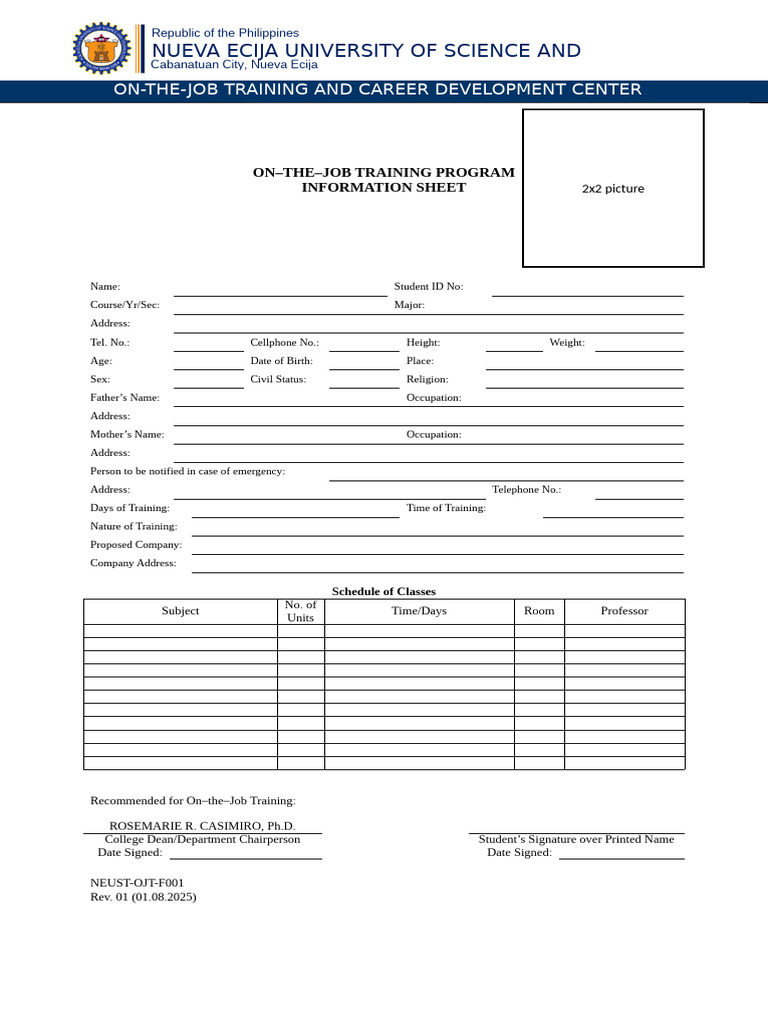 NEUST-OJT-F001 On-the-Job Training Program Information Sheet | PDF