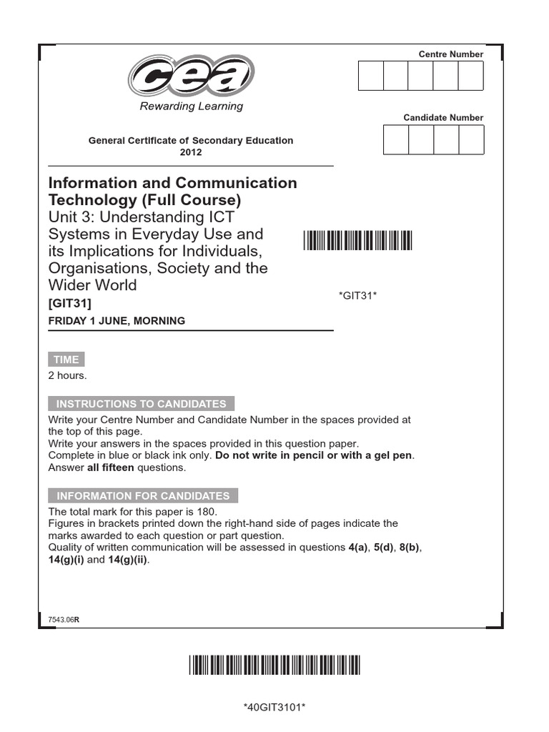GCSE ICT Full Course Past Papers Mark Schemes Standard MayJune Series ...