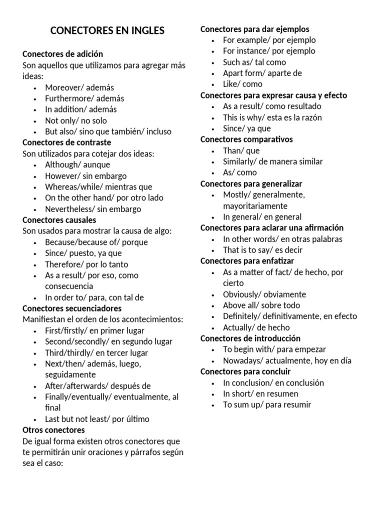 Conectores en inglés: Guía completa | PDF