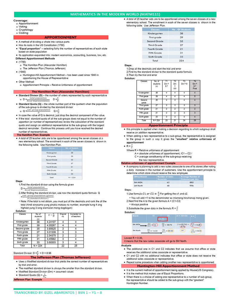 Matm111 Reviewer | PDF | Voting | Cryptography