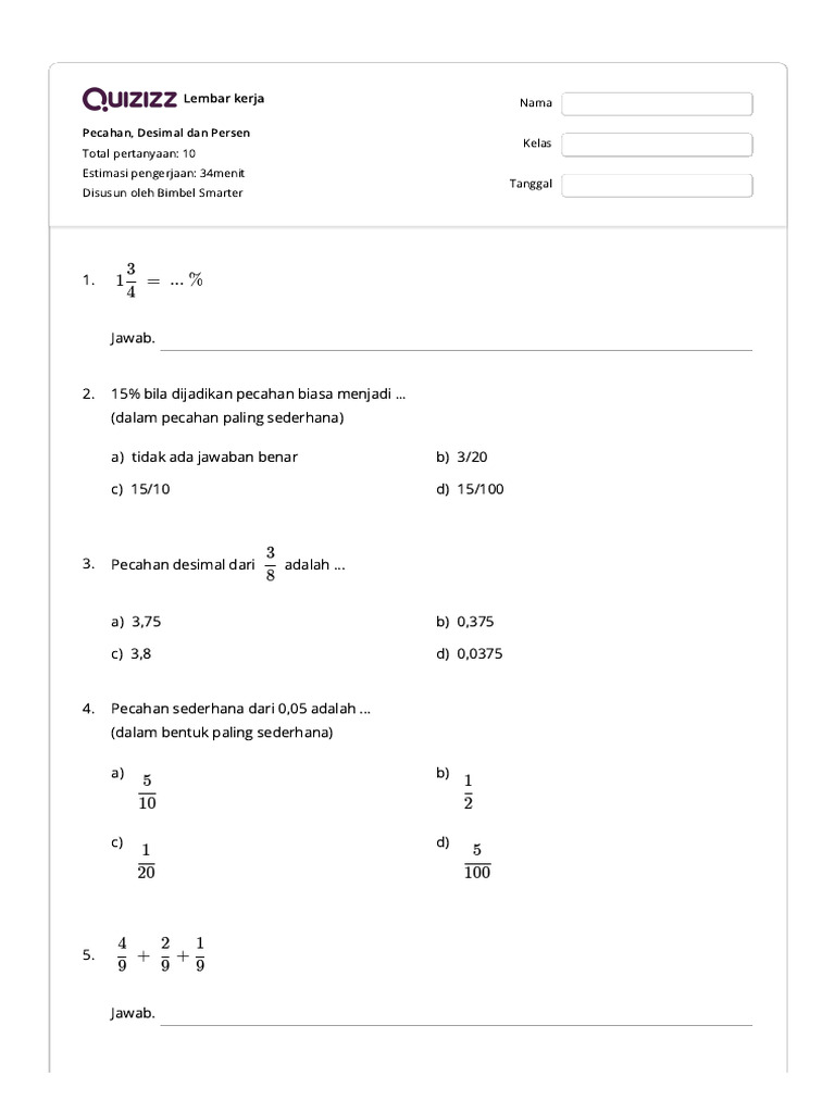 Quizizz - Pecahan, Desimal Dan Persen | PDF