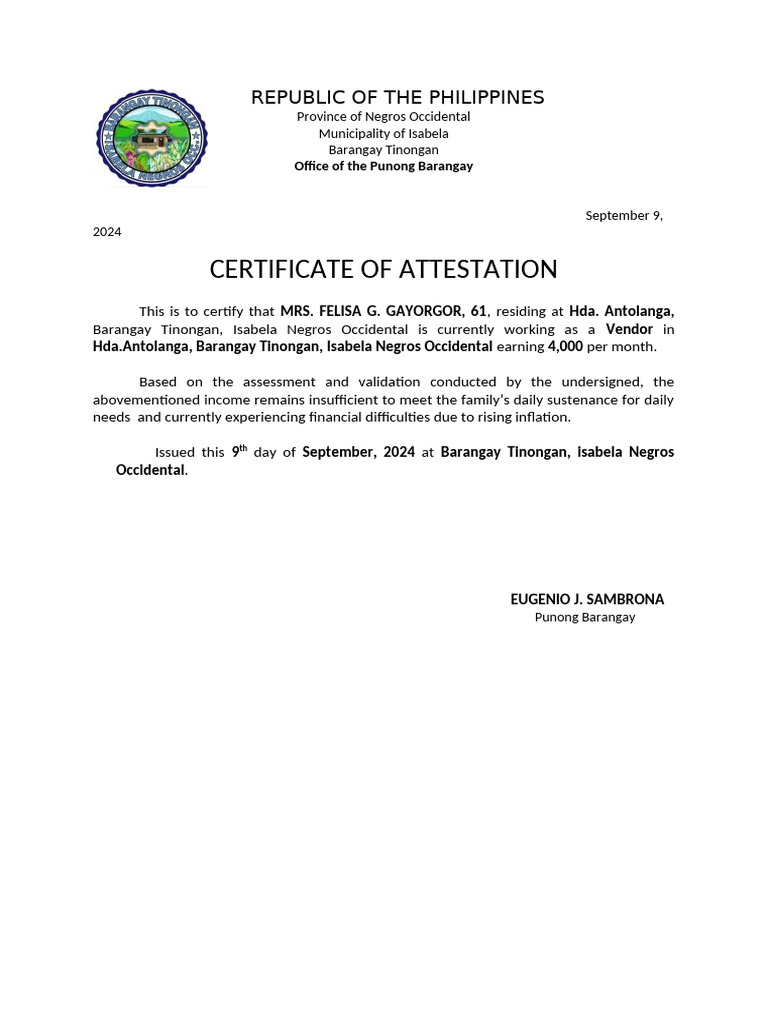 Barangay Attestation | PDF