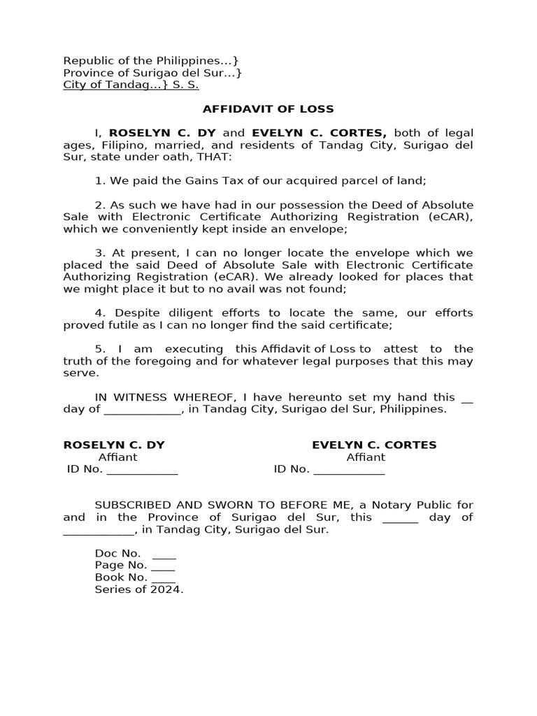 Affidavit of Loss - Bir Ecar | PDF