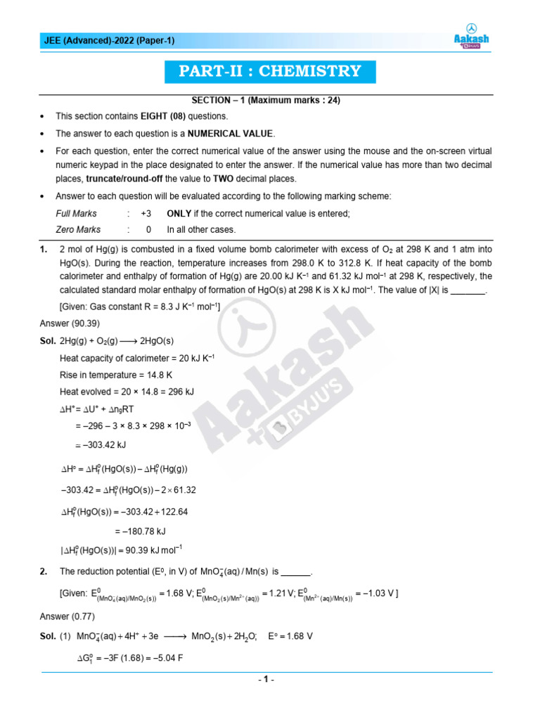 August 28 Jee Main Advanced 2022 Paper 1 Chemistry Solution | PDF | Aluminium Oxide | Molecular ...