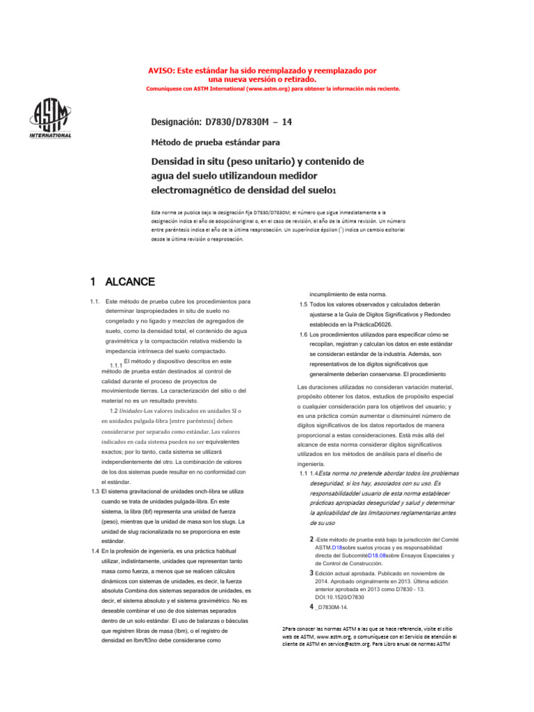Método ASTM D7830 para Densidad de Suelo | PDF | Densidad | Agua