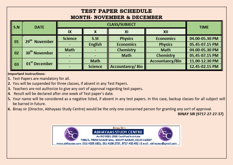 November-December Test Schedule | PDF